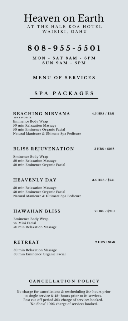 Hale Koa Service Menu & Prices - Heaven On Earth Hawaii