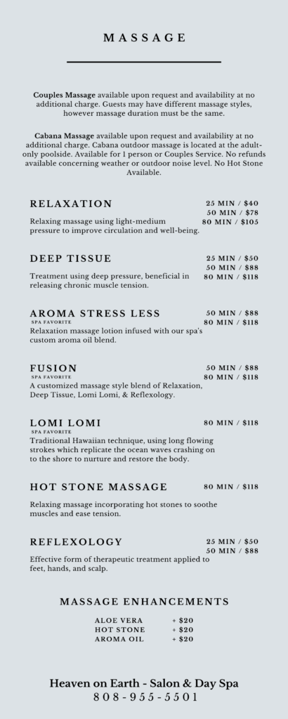 Hale Koa Service Menu & Prices - Heaven On Earth Hawaii