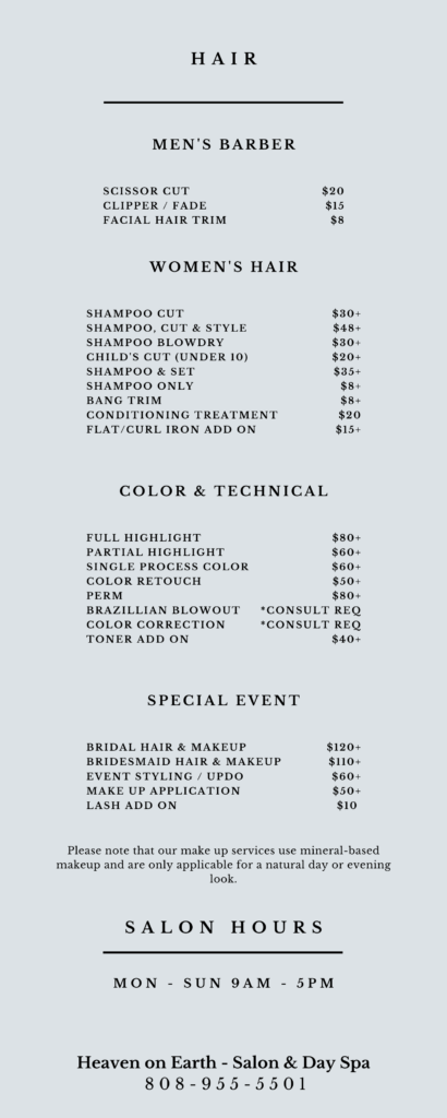 Hale Koa Service Menu & Prices - Heaven On Earth Hawaii